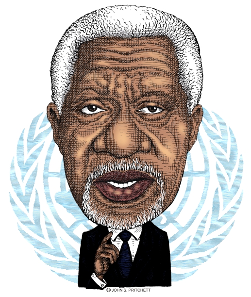 Kofi Annan color caricature, Secretary General of the United Nations ...