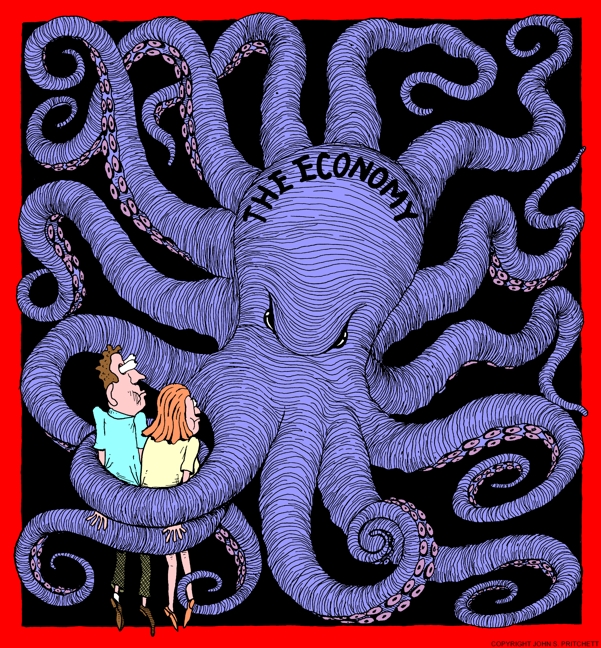 Economic squeeze cartoon, sea monster octopus economy squeezes ...