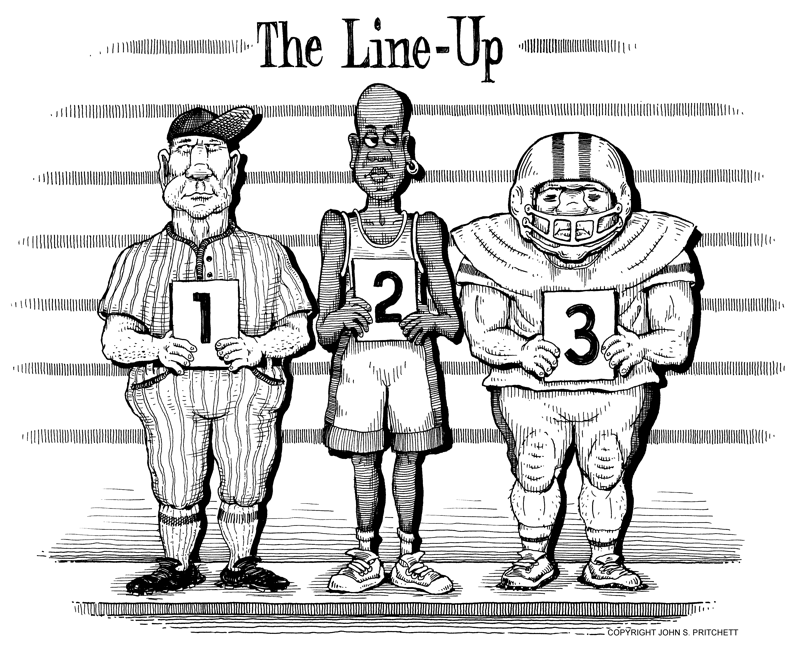 Sports criminals, crime, athletes in police line up, athletic role ...