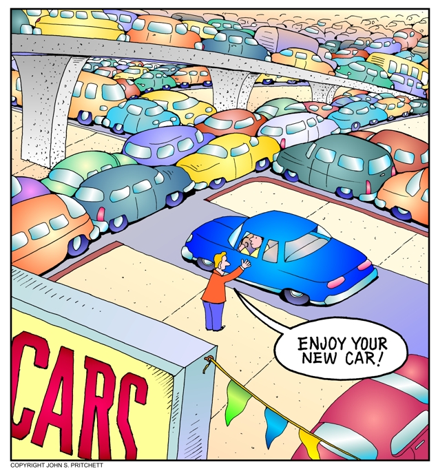 Traffic cartoon, traffic gridlock, traffic congestion, new car, color ...