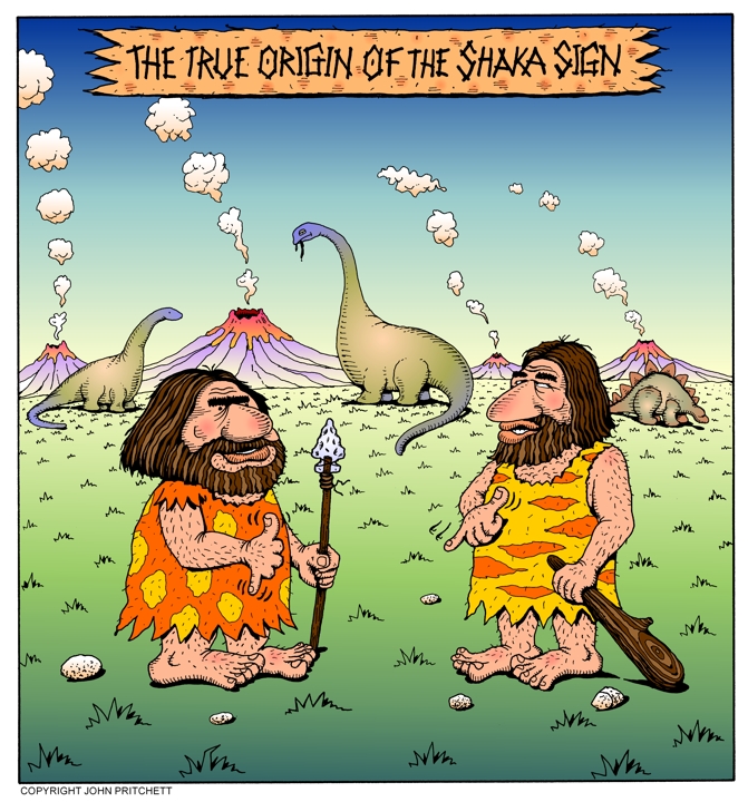 Hawaiian Shaka Sign color cartoon, origin of the skaka sign, cavemen ...