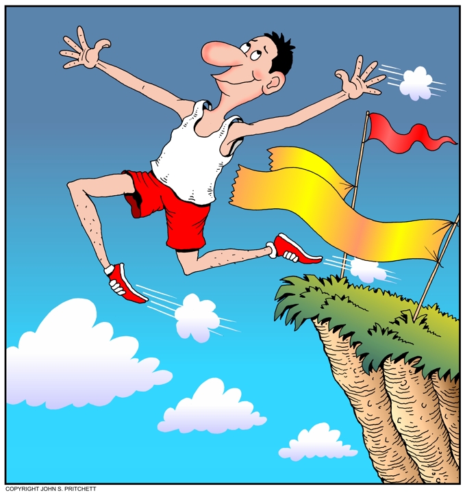 Sports cartoon, runner, winner cartoon, foot race winner runs off cliff ...