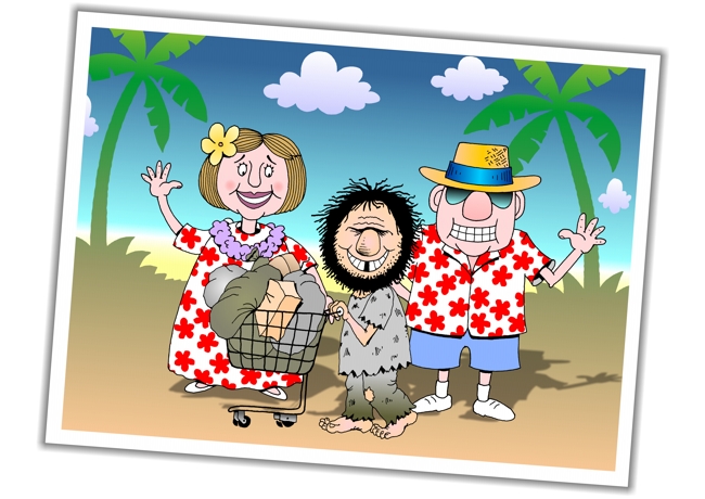 Honolulu homeless problem cartoon, tourists visiting Waikiki, Hawaii ...