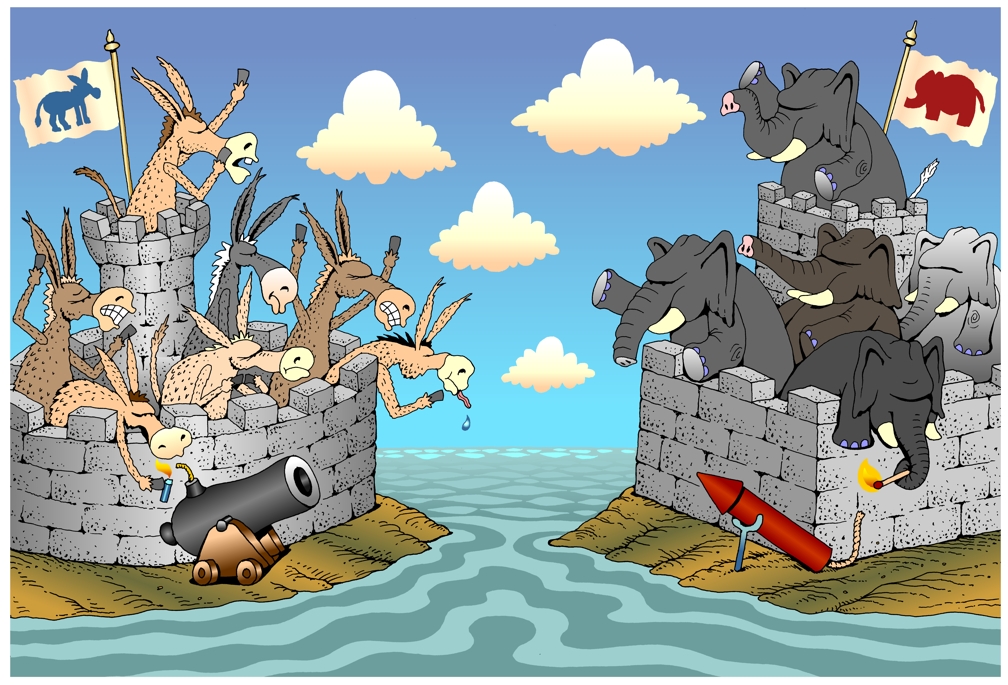 Partisans illustration, donkeys and elephants cartoon, color ...