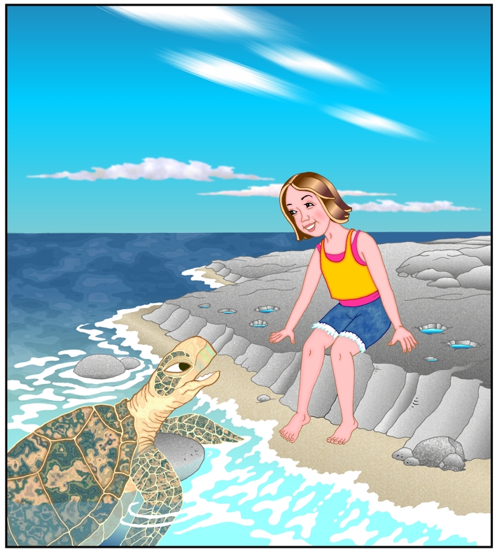 Children's book illustration, color illustration of sea turtle talking ...